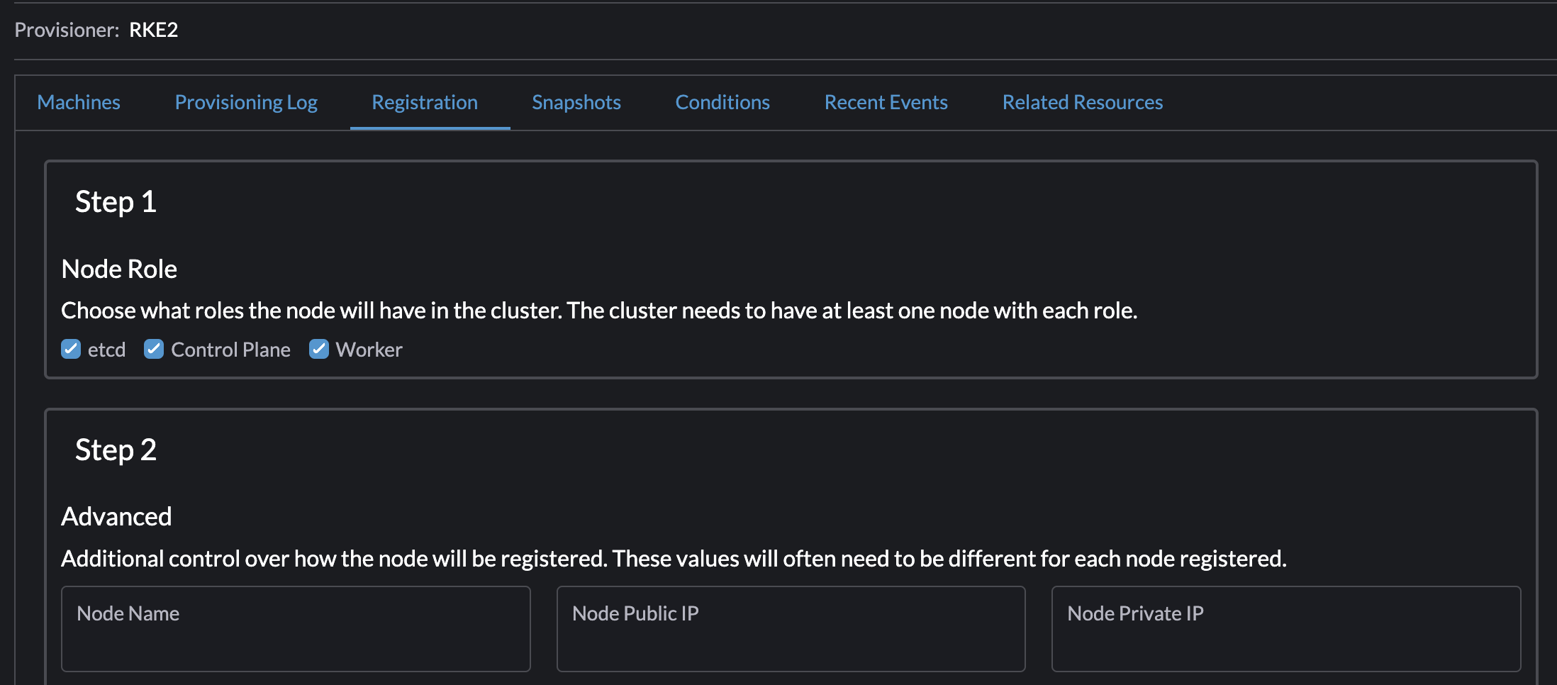RKE2/K3s Custom cluster registration form has incorrect label for node name field, under ...