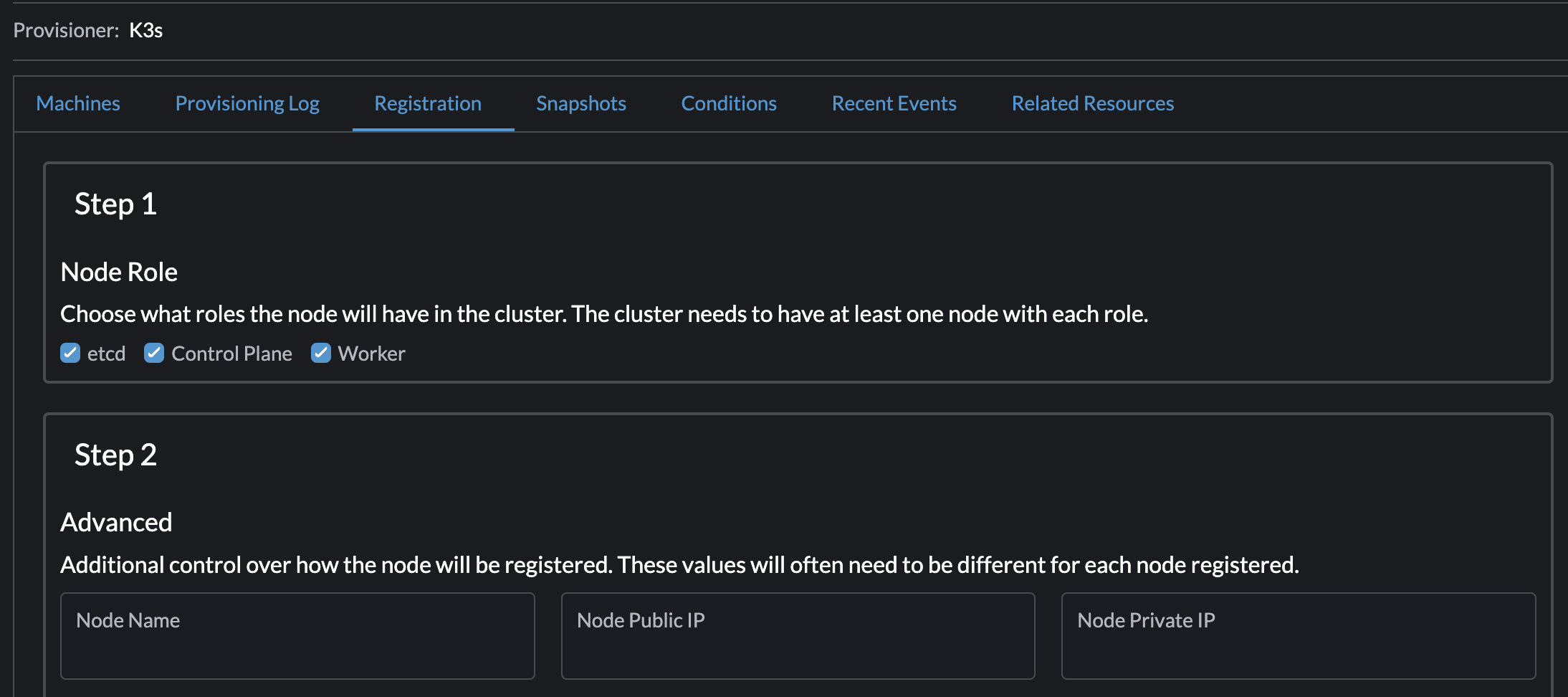 RKE2/K3s Custom cluster registration form has incorrect label for node name field, under ...