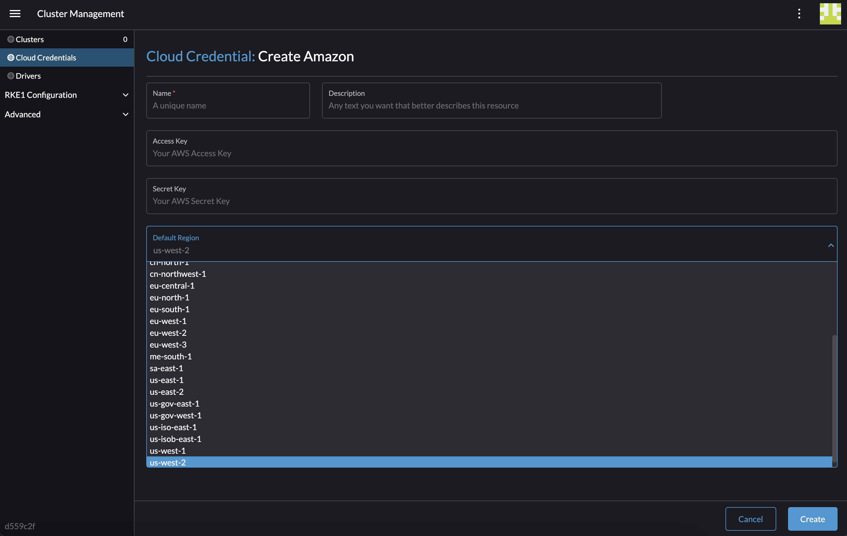 `Custer Management > Cloud Credentials > Create > Amazon > default region` dropdown fails to ...