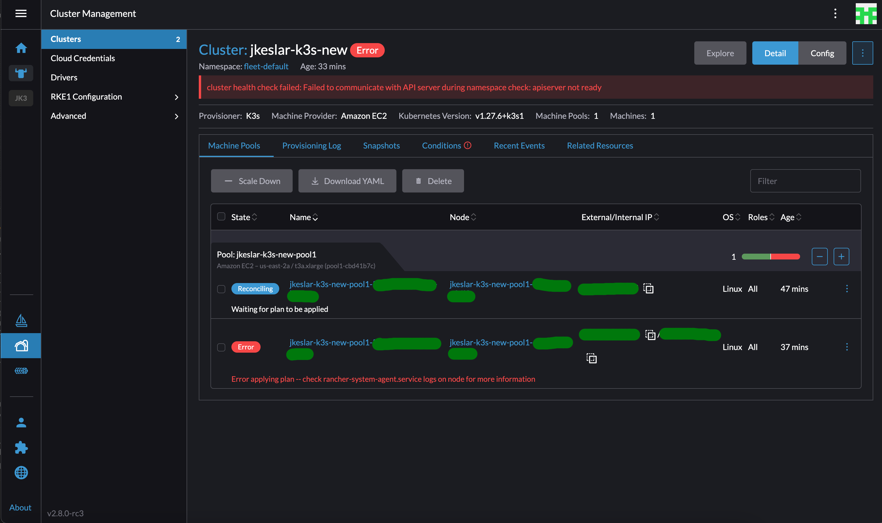 [BUG] all-roles K3s cluster hits `Failed to communicate with API server error`, intermittently ...