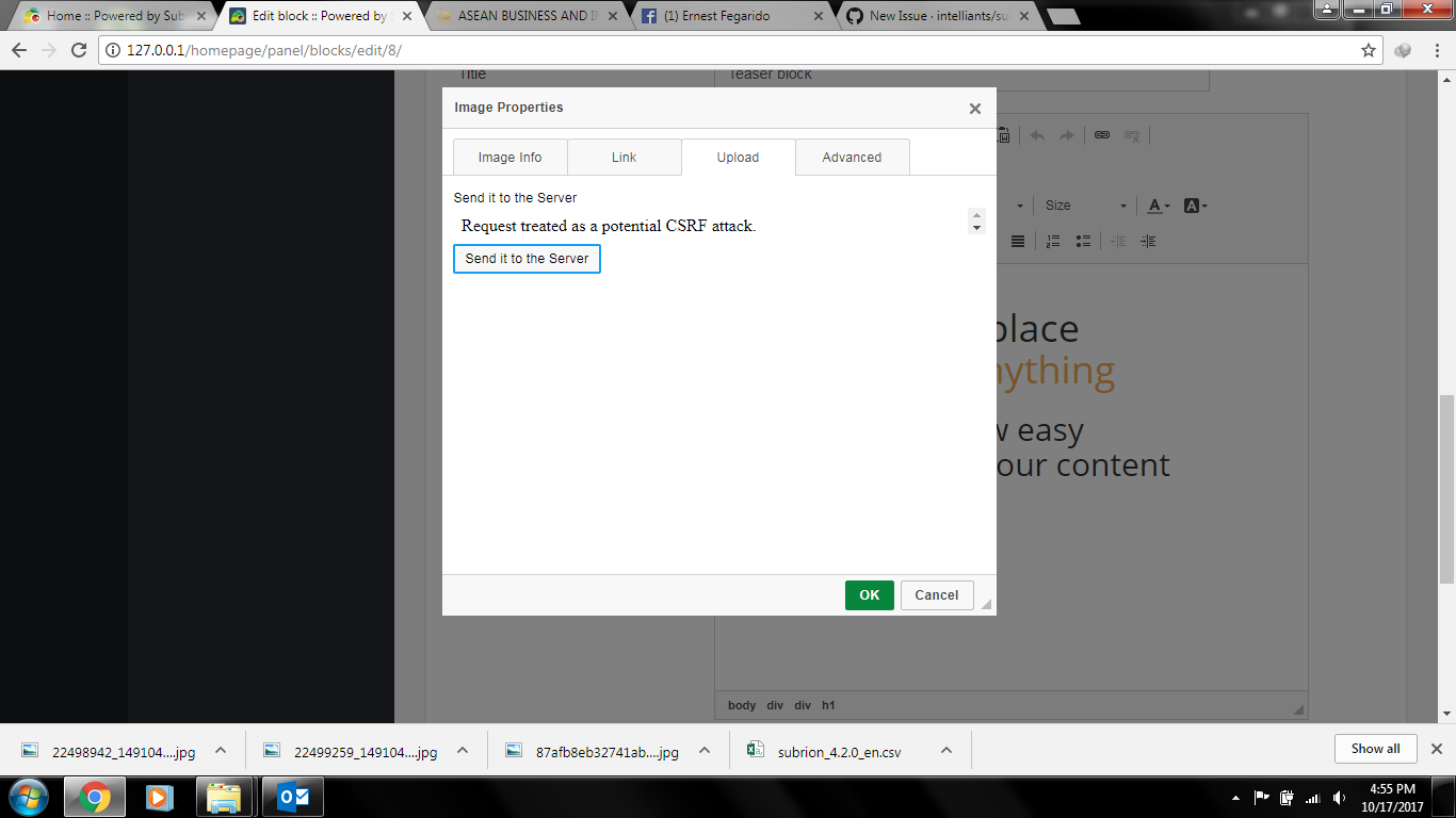 Request treated as a potential CSRF attack · Issue #572 · intelliants/subrion · GitHub