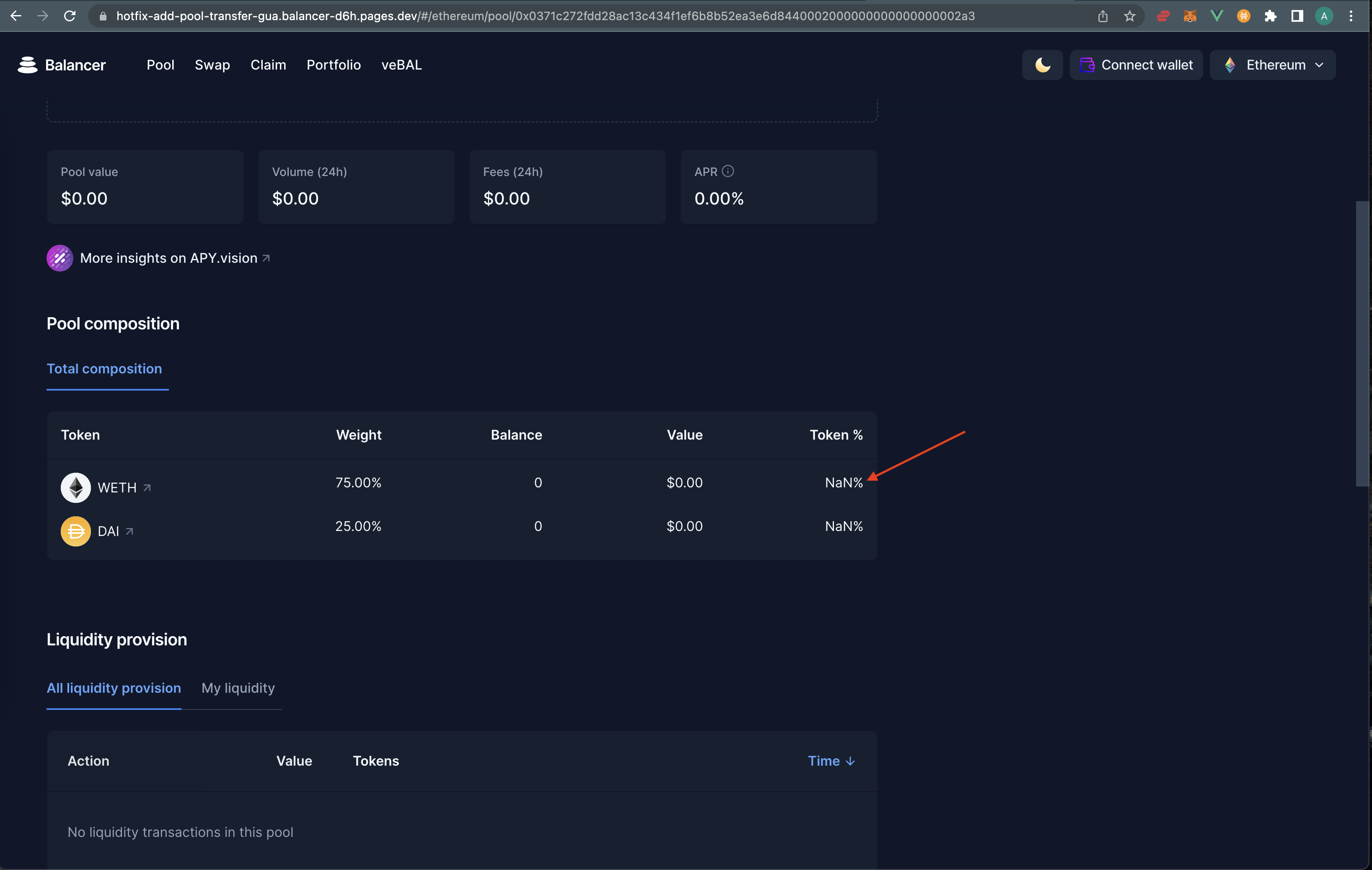 NaN values on empty pool table · Issue #2786 · balancer/frontend-v2 · GitHub