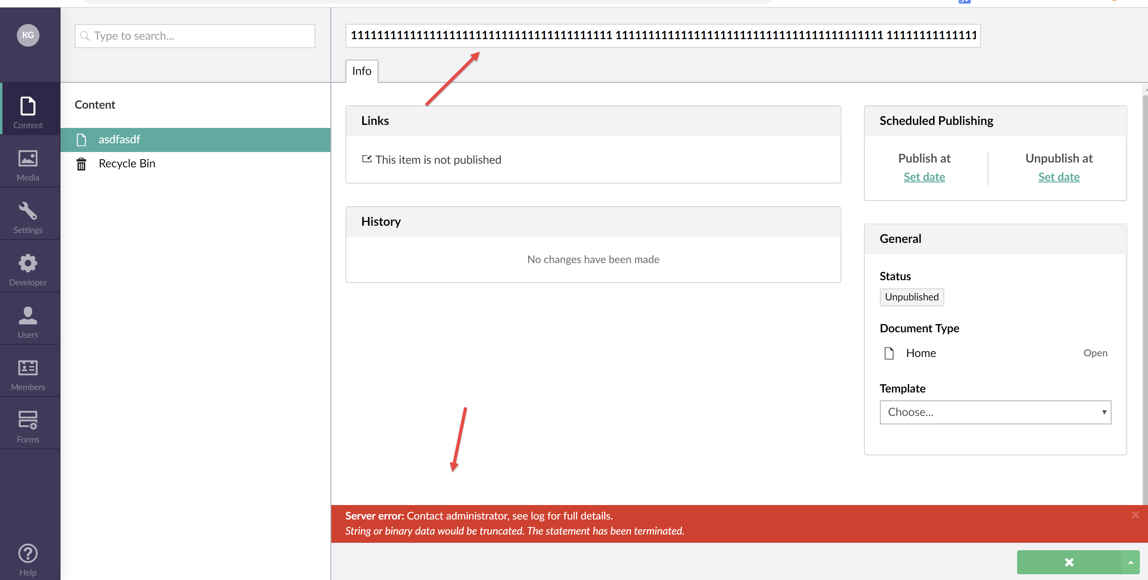 Putting in a content title > 255 characters causes "String or binary data would be truncated ...