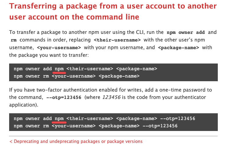 [BUG] npm doc for "Transferring a package from a user account to another user account" has a ...