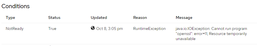 Strimzi 0.19.0 Kafka Cluster on Openshift 4.4 error: java.io.IOException: Cannot run program ...