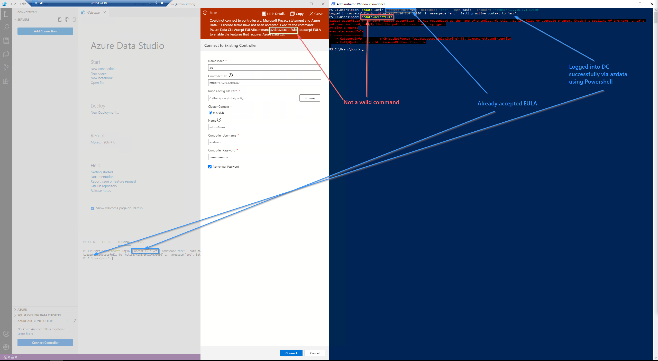 Cannot connect to existing Arc controller due to EULA · Issue #13496 · microsoft/azuredatastudio ...