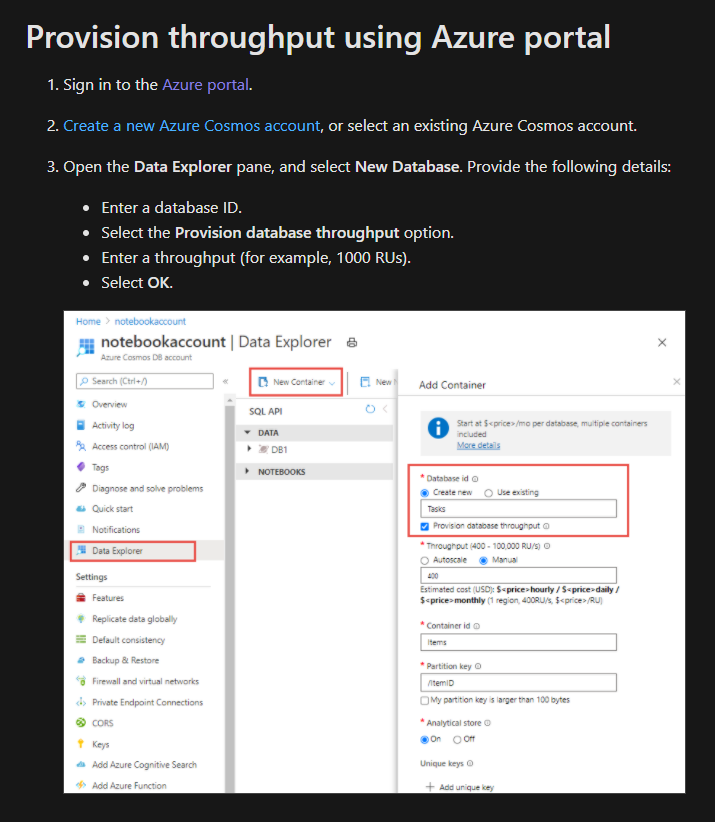 Screenshot is referencing Container throughput provisioning, article is referencing database ...