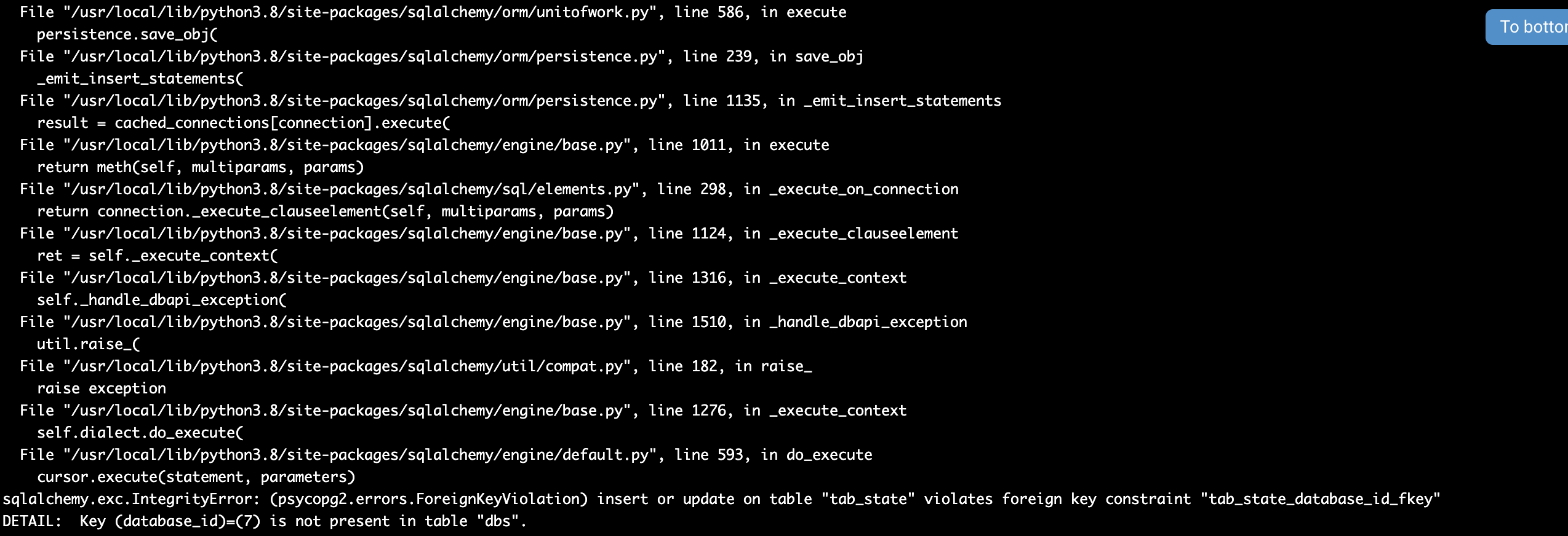 It shows Key (database_id)=(7) is not present in table "dbs" after trying to add a tab in SQL ...