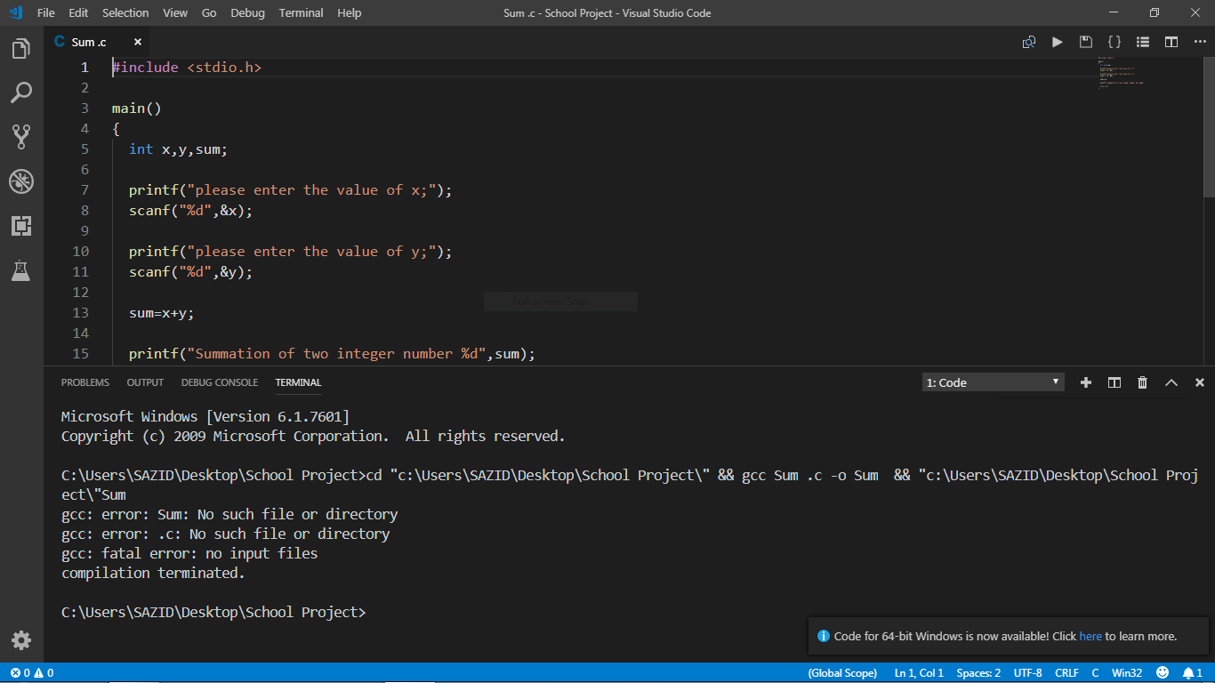 VSCode is not runing programs when the program file name has space ...