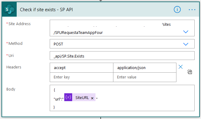 Unable to process template language expressions in action 'Check_if_site_exists_-_SP_API ...