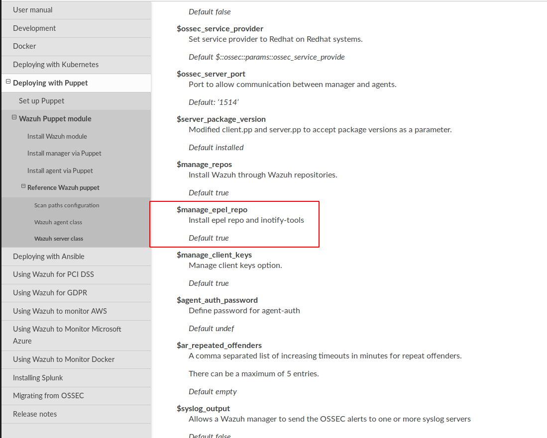 Wazuh Puppet: $manage_epel_repo has been removed · Issue #1303 · wazuh/wazuh-documentation · GitHub