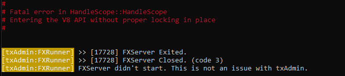 Fatal error in handleScope: :HandleScope · Issue #40 · qbcore-framework/txAdminRecipe · GitHub