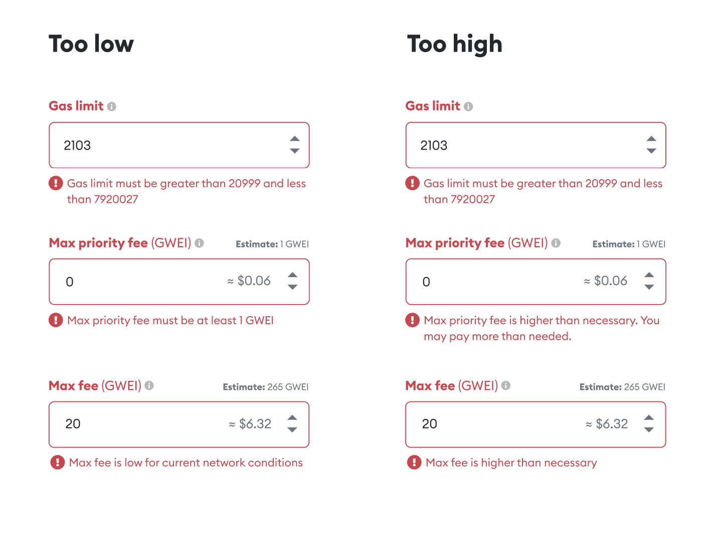 EIP-1559 UI - Wire Up Advanced Gas Error UI · Issue #11306 · MetaMask/metamask-extension · GitHub
