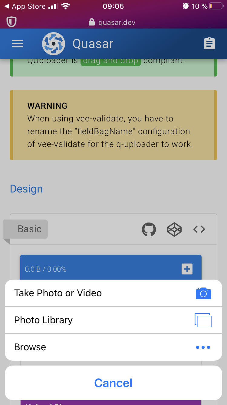 QUploader component does not work on Firefox Focus · Issue #6118 · quasarframework/quasar · GitHub