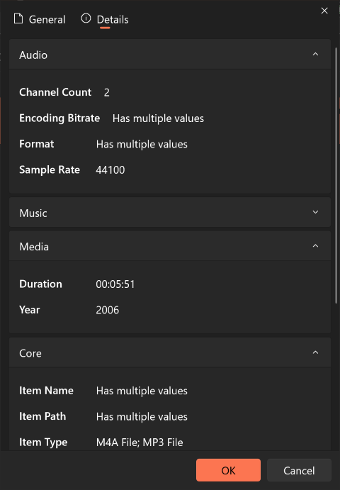 Show more information for multiple media files in the Properties menu ...