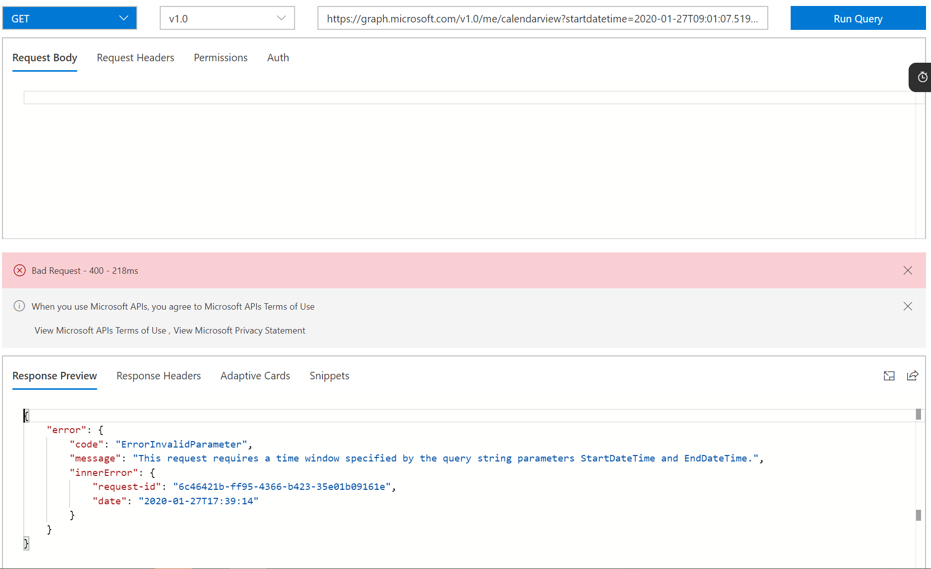 Bug: CalendarView Query not working · Issue #349 · microsoftgraph/microsoft-graph-explorer-v4 ...