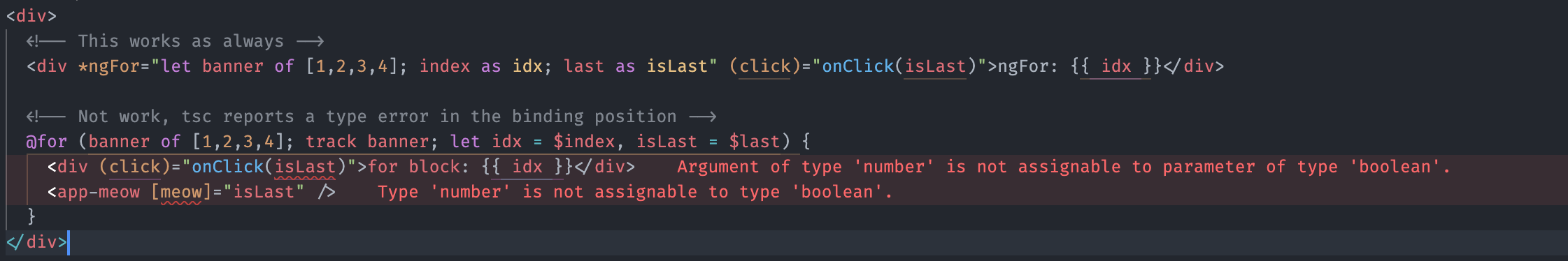 Compiler reports the variable `$last` inside the `@for` block as ... Compiler reports the variable `$last` inside the `@for` block as ...