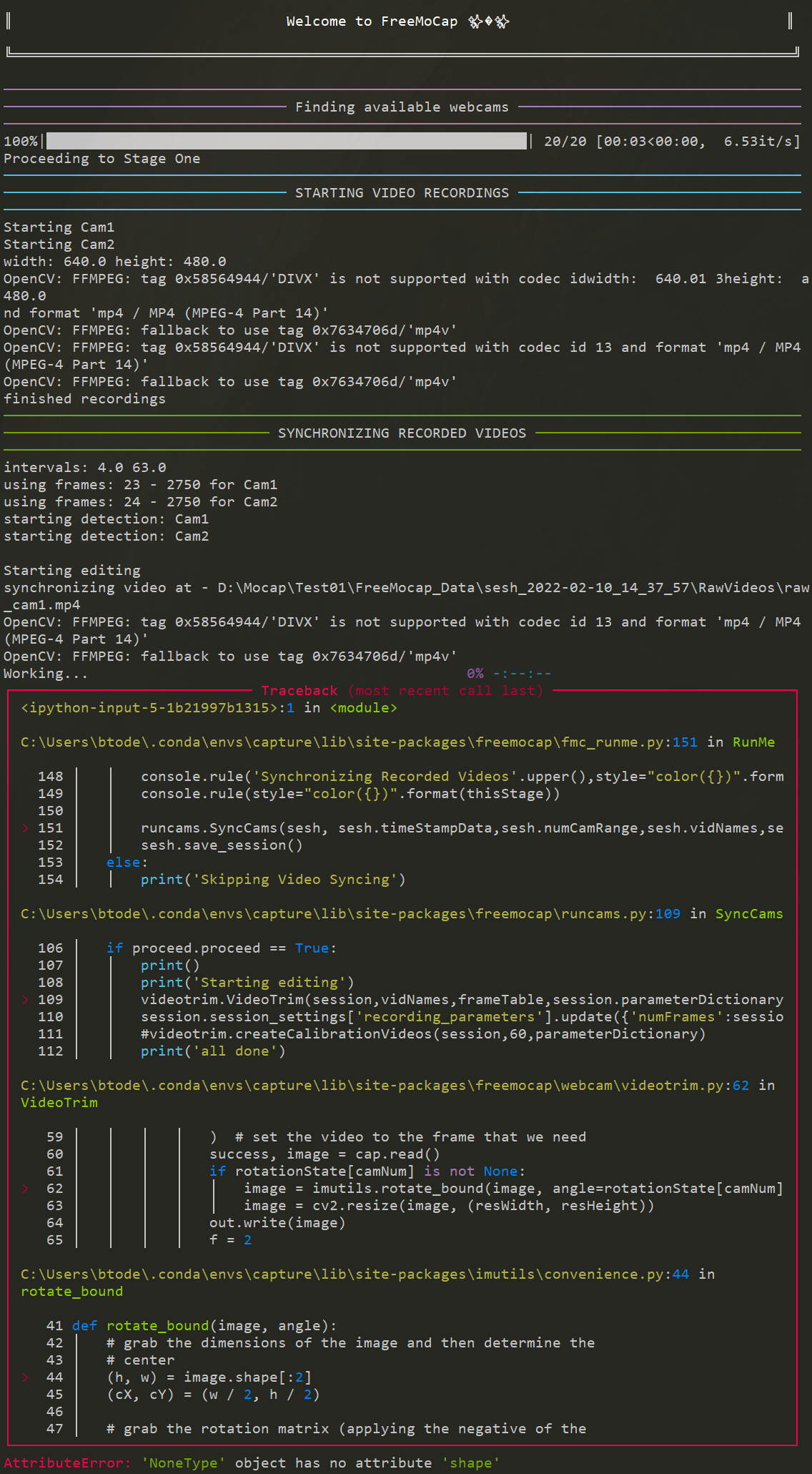 Error with rotate_bound with Conda Install · Issue #105 · freemocap/freemocap · GitHub