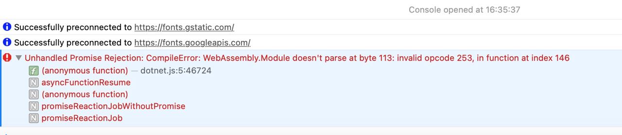 Published Browser-Wasm with optimization and trimming enabled works on chrome but not safari ...