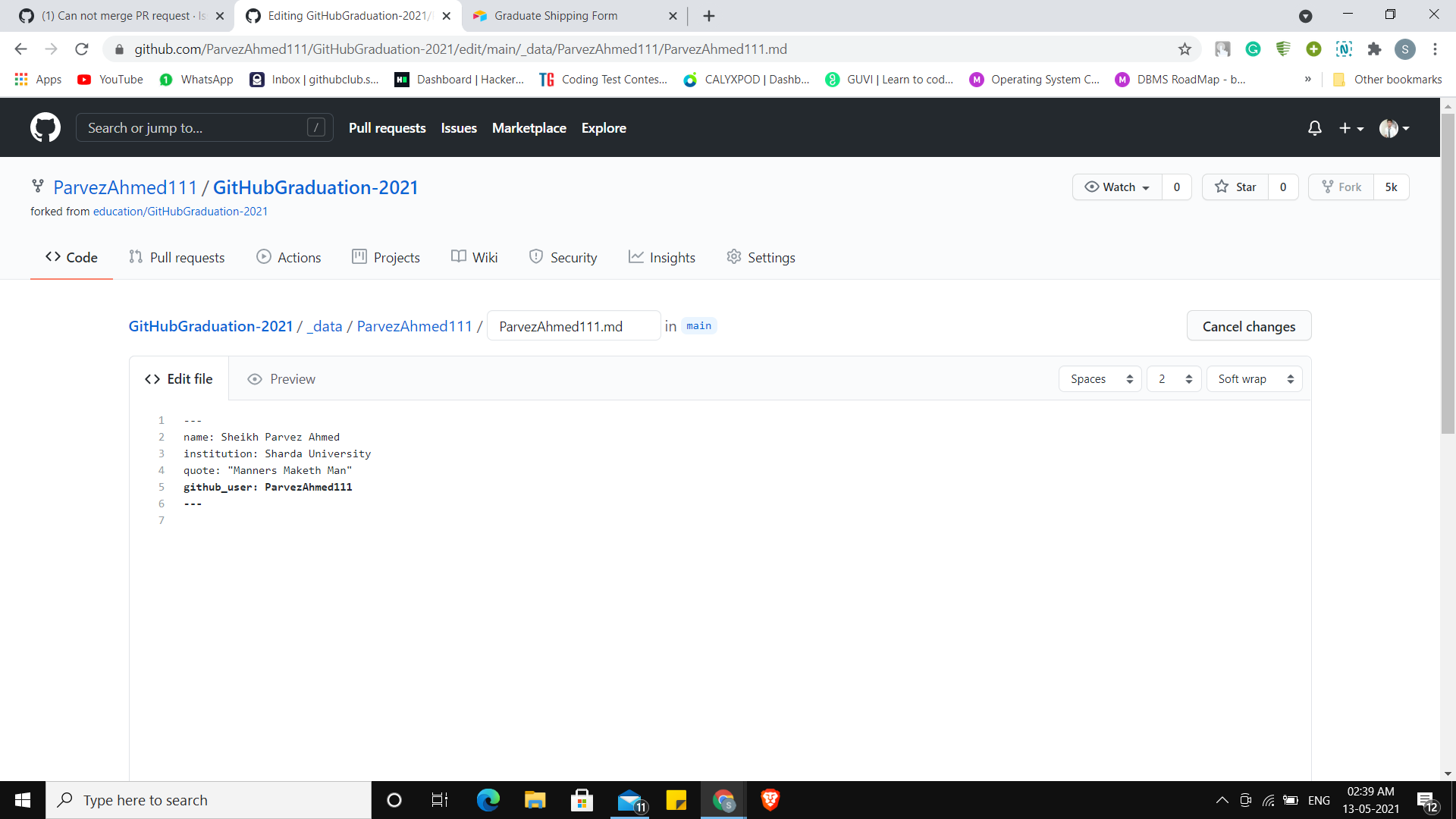 Can not merge PR request · Issue #5257 · github-education-resources/GitHubGraduation-2021 · GitHub