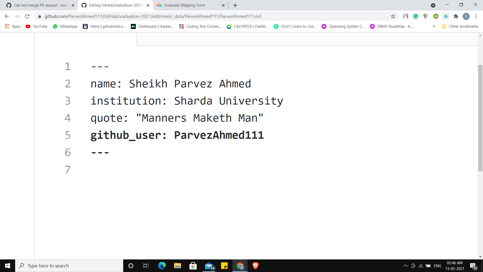Can not merge PR request · Issue #5257 · github-education-resources/GitHubGraduation-2021 · GitHub