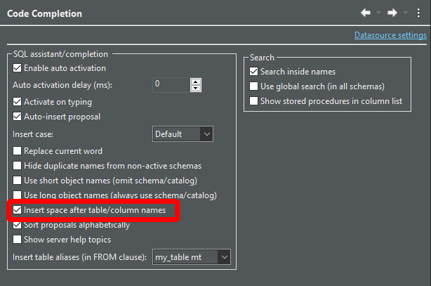 "Insert space after table/column name" does not respect existing spaces after the cursor ...