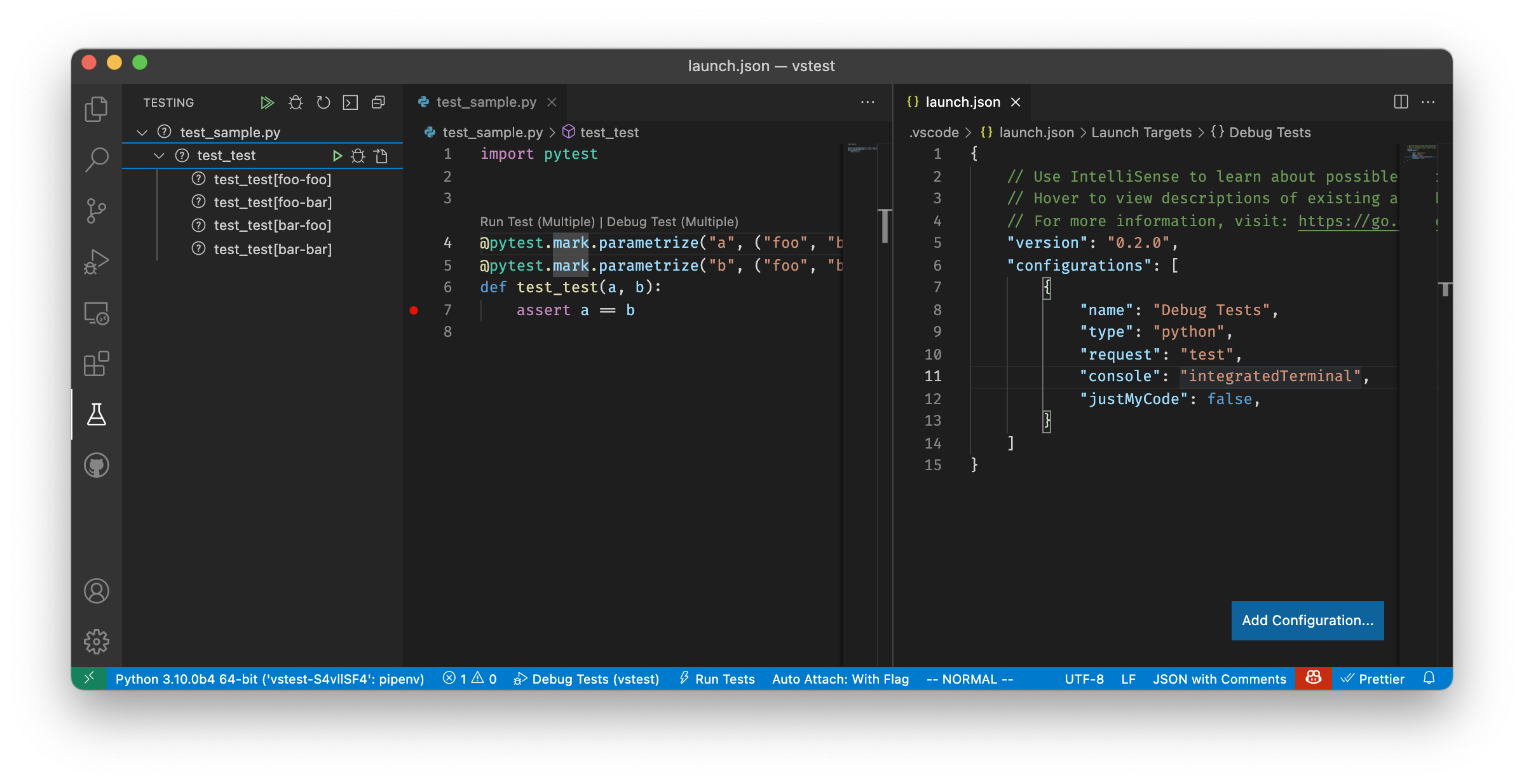 Debugging with `integratedTerminal` should escape parametrized test ...