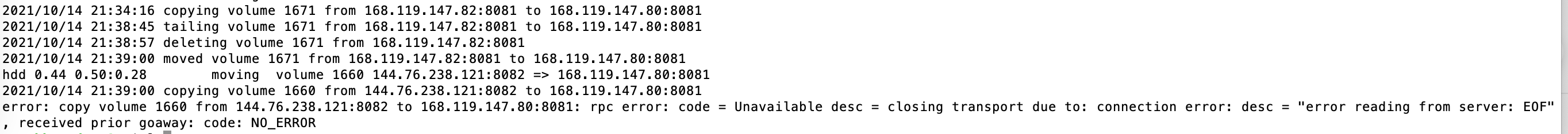volume.balance interrupted after connection error · Issue #2386 · seaweedfs/seaweedfs · GitHub