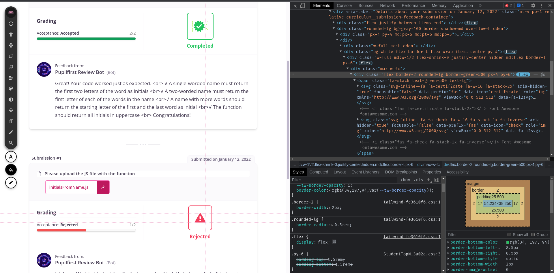 Padding Issue In The Flexbox Of The Completed Badge On The Submmissions · Issue 881 