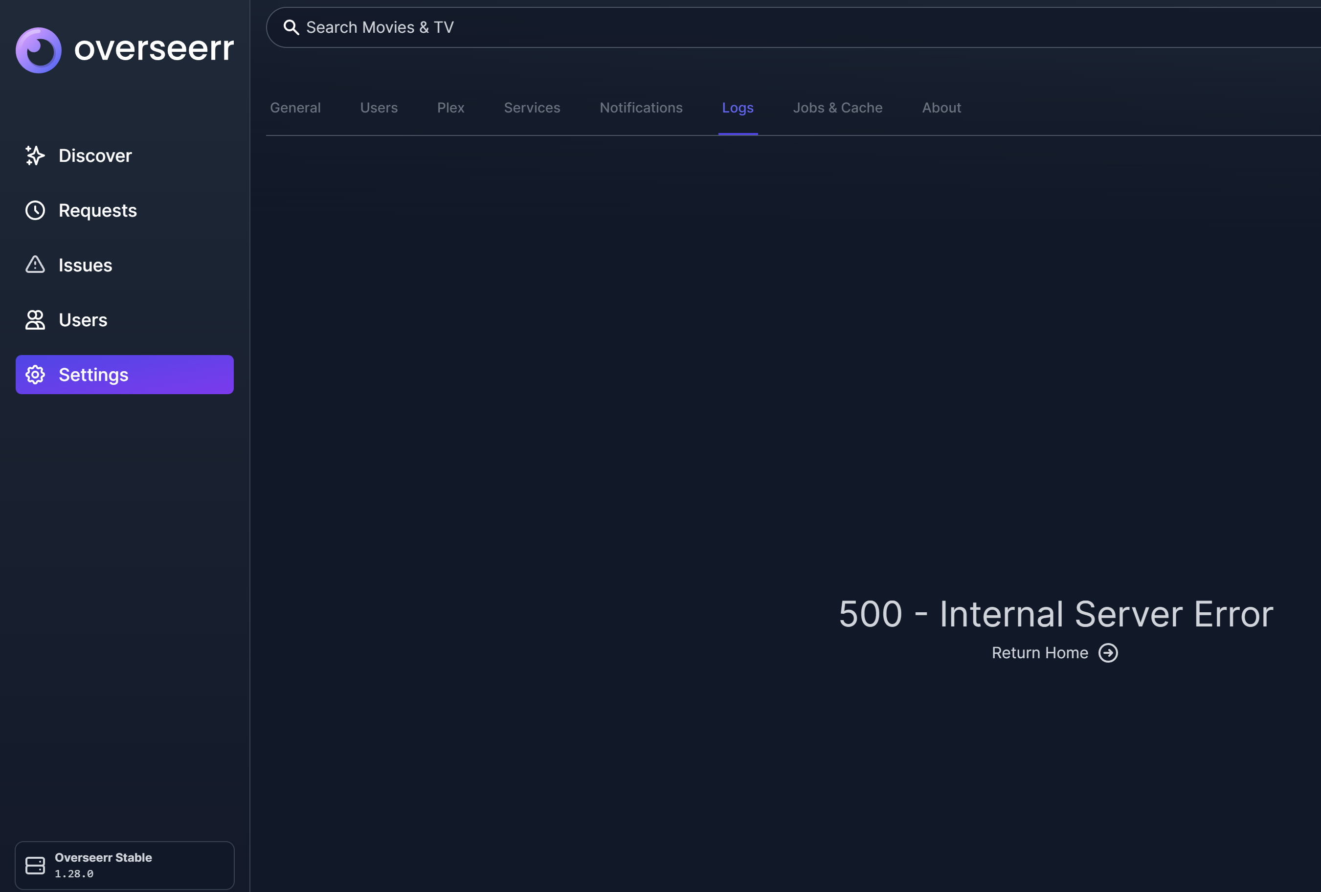 Logs page in settings shows 500 - Internal Server Error · Issue #2456 · sct/overseerr · GitHub