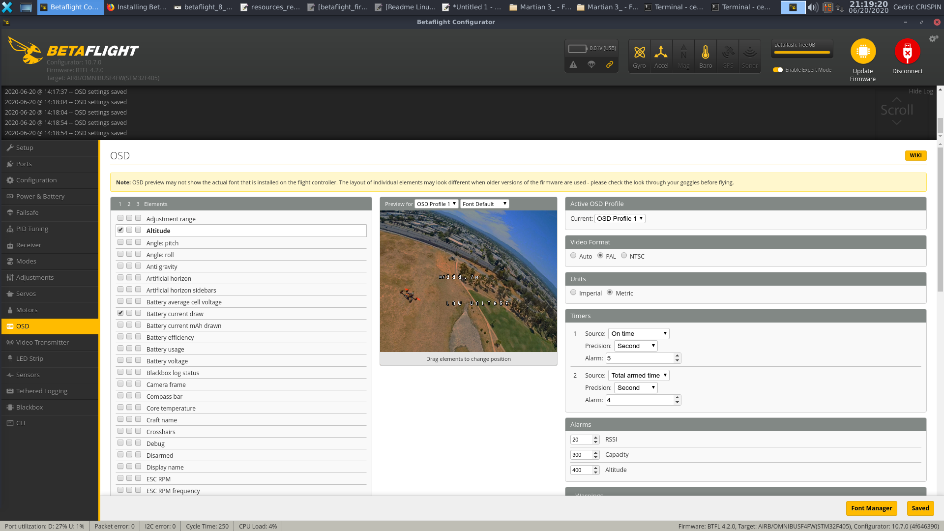 Betaflight Configurator 1.7.0 - GNU/Linux Debian 10 - OSD elements are ...