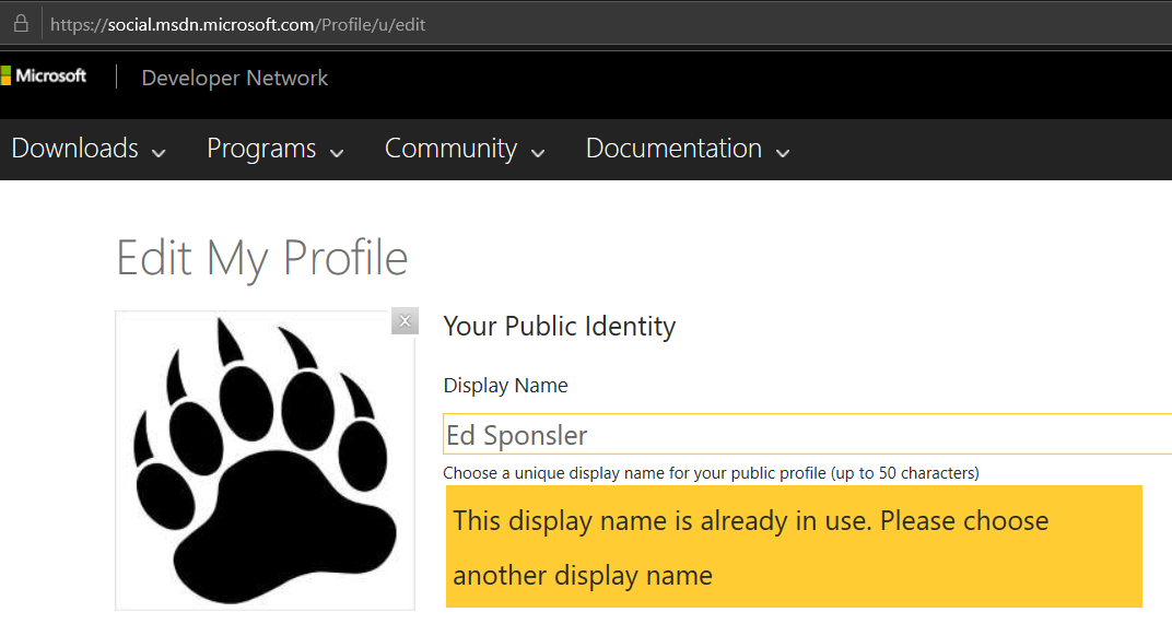 MSDN Profile Display Name already in use. ??? · Issue #1426 · MicrosoftDocs/feedback · GitHub