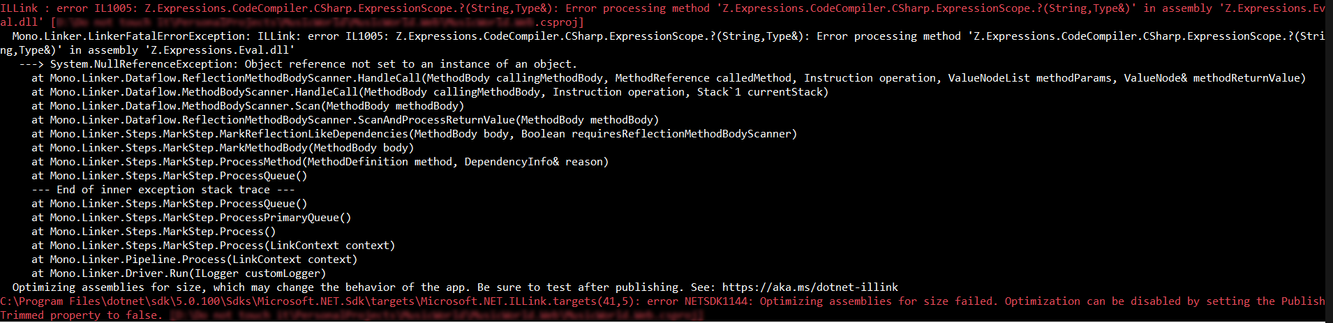 Unable to build Trimmed app. · Issue #1652 · dotnet/linker · GitHub
