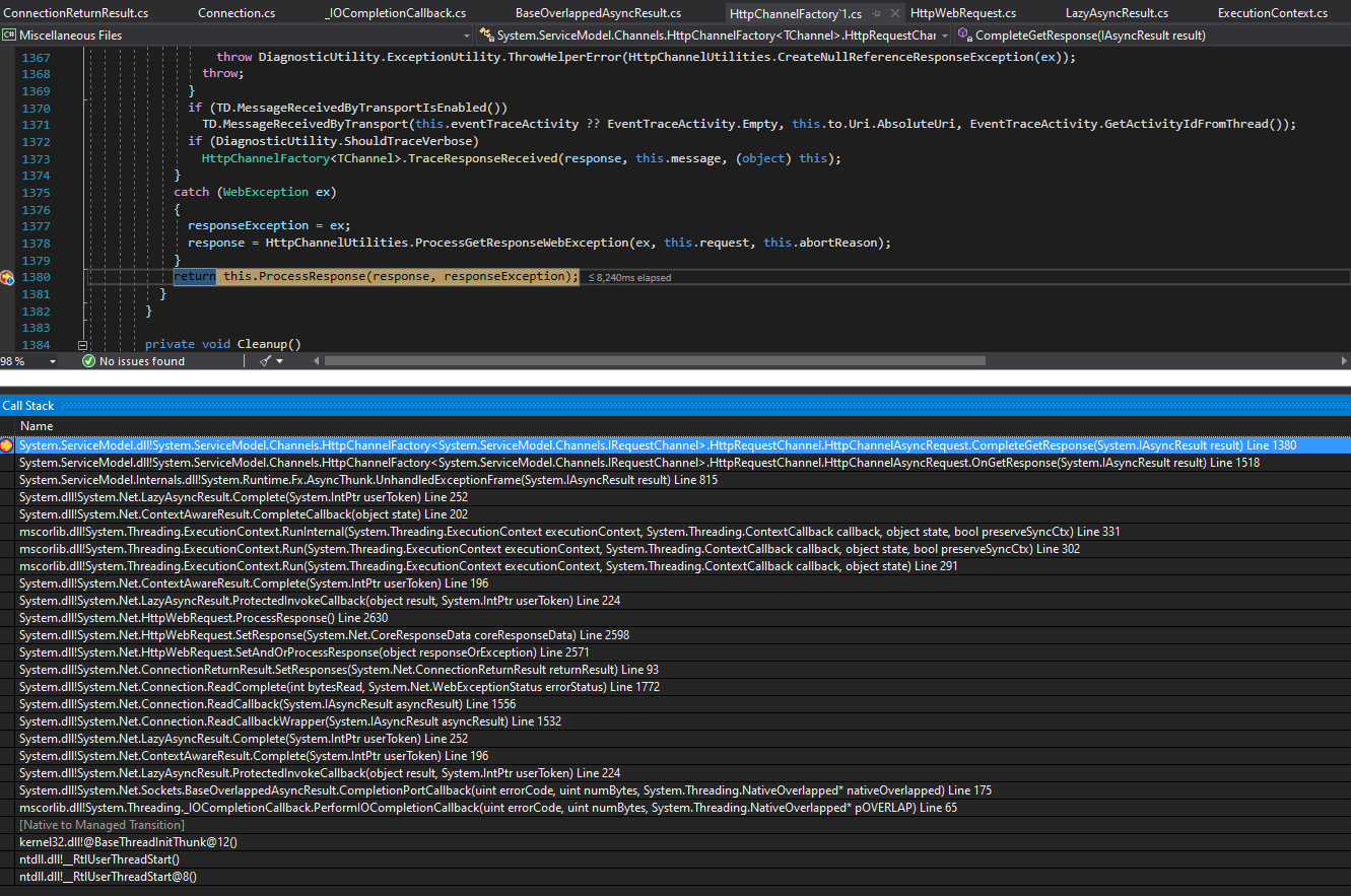 Awaiting a call to a WCF 4.8 HTTP client proxy seems to hang when interrupted by a network fault ...