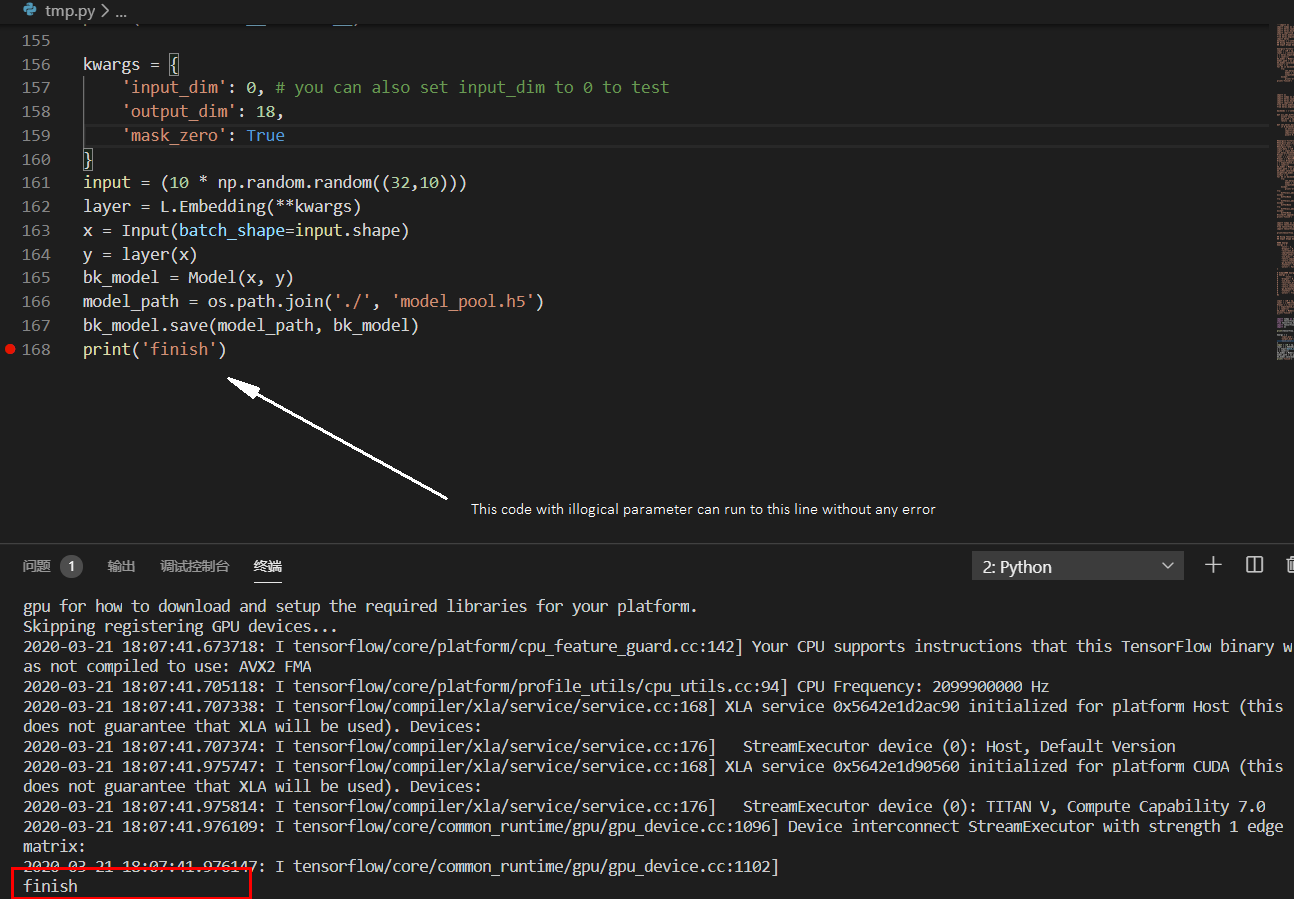 It seems that Tensorflow needs a check for the unreasonable parameter `input_dim=0` in the layer ...