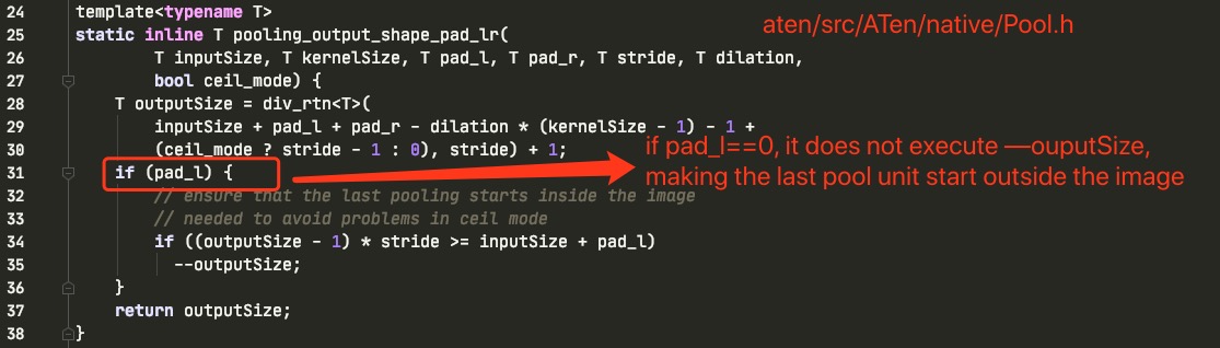 Under `ceil_mode=True` for `AvgPooling2d`, Pytorch fails in calculating pooling output shape as ...