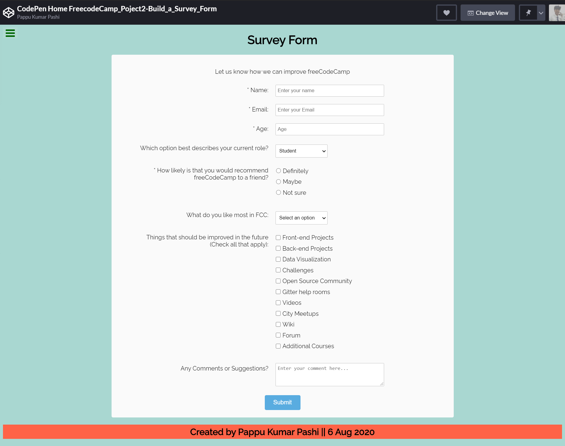 GitHub PappuKP Survey Form Free CodeCamp Responsive Web Design Projects Build A Survey 