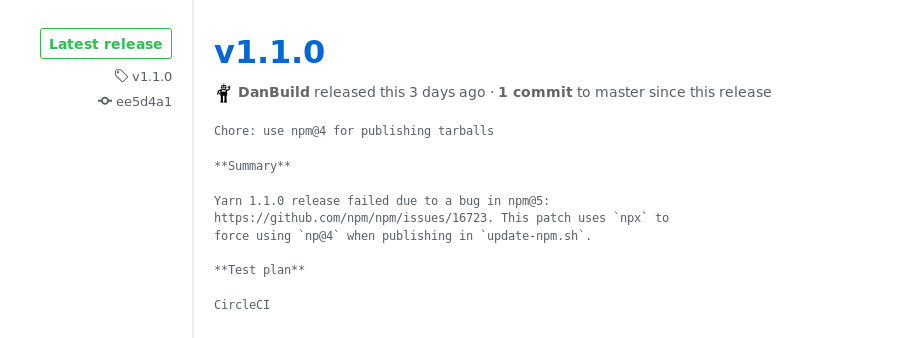 [Release Note] Remove code block from v1.1.0 · Issue #4541 · yarnpkg/yarn · GitHub