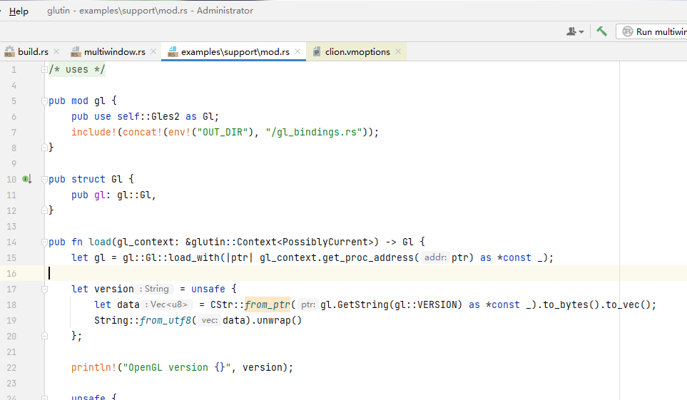 "glutin" api extension not recognized properly after enabling "org.rust ...