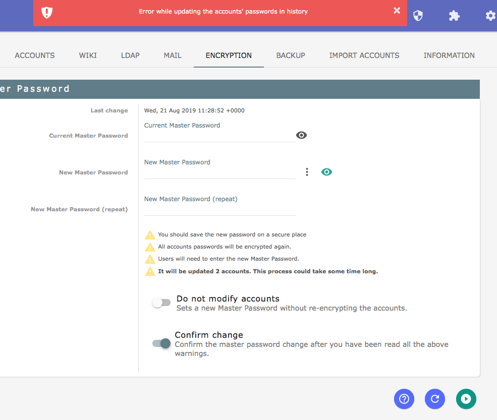 Can't change master password · Issue #1430 · nuxsmin/sysPass · GitHub