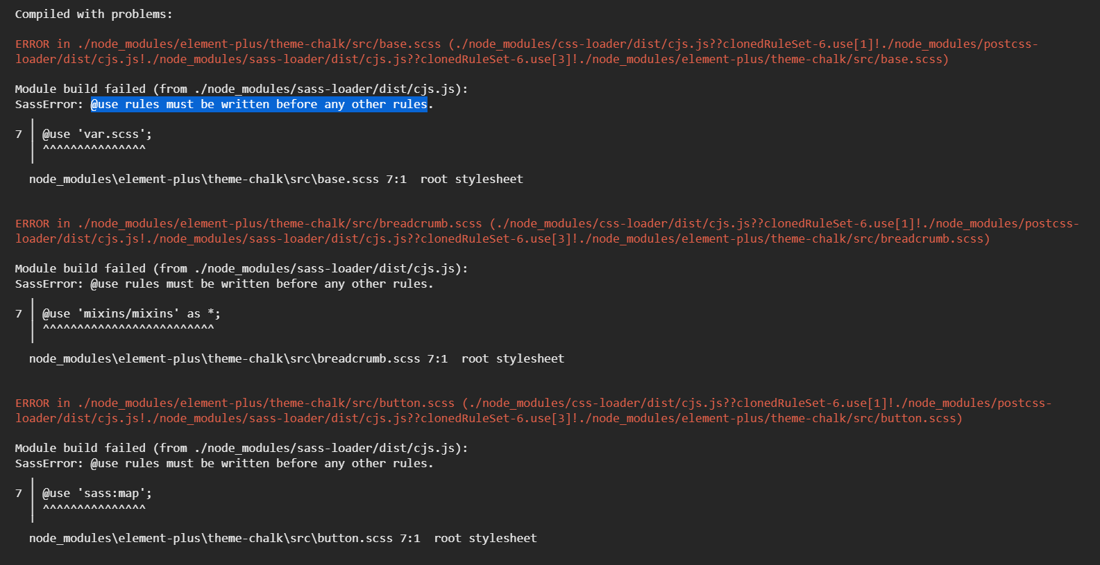 Webpack5 Elementplusresolver { Importstyle Sass } Throw An Error “ Use Rules Must Be Written