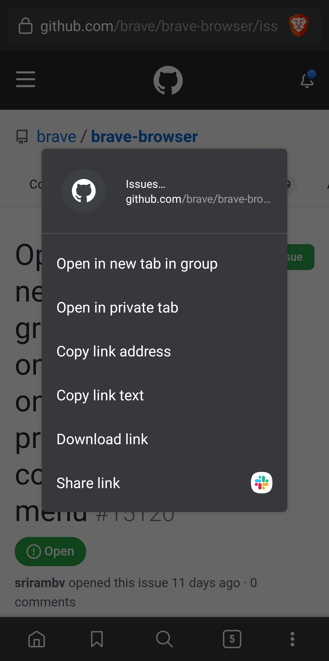 Open in a new tab group is the only option on long press context menu ...