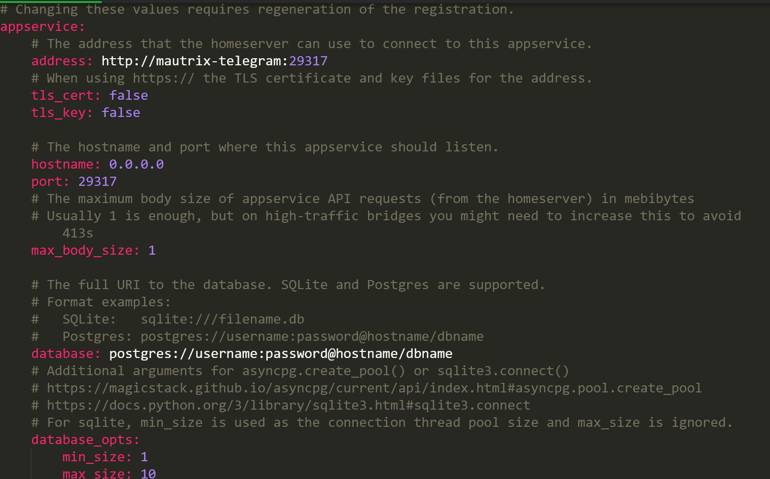 Configuration error: appservice.database not configured · Issue #716 · mautrix/telegram · GitHub