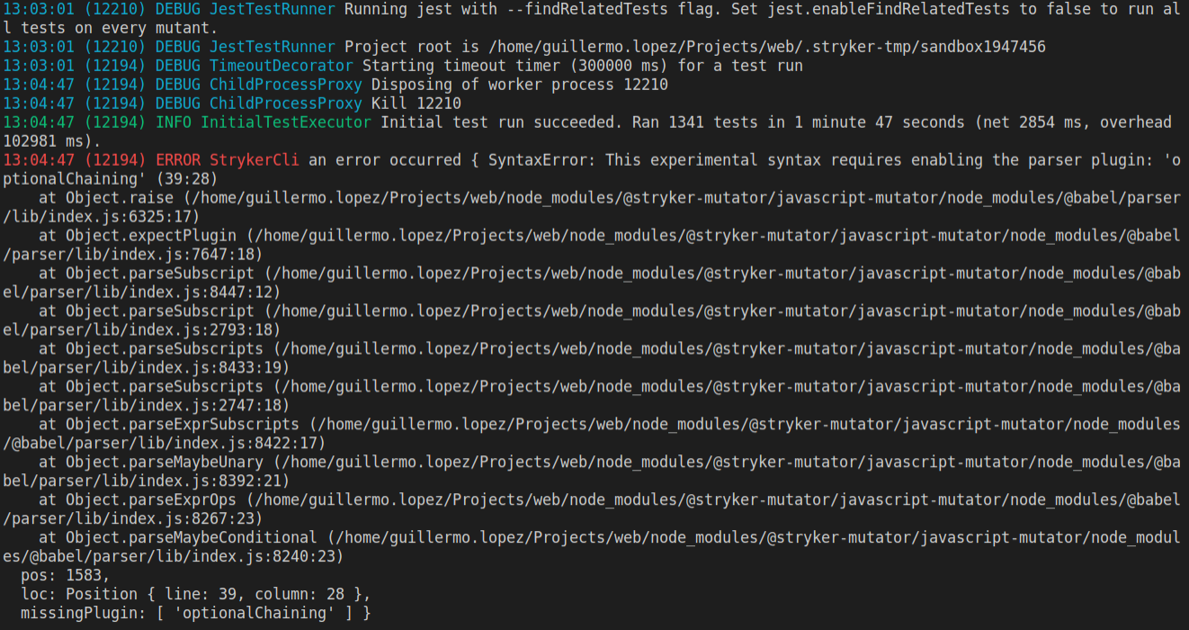 ERROR on Stryker run, missingPlugin: [ 'optionalChaining' ] · Issue #1806 · stryker-mutator ...