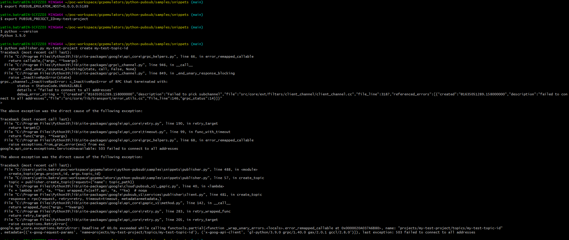Not able to create publisher/topic via the gcp pub/sub emulator · Issue #524 · googleapis/python ...