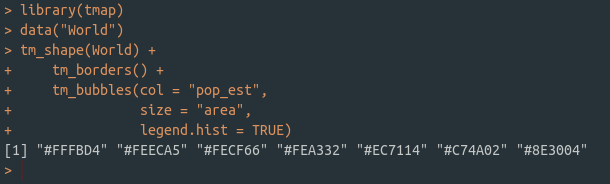 legend.hist = TRUE in tm_bubbles prints HEX codes of color palette ...