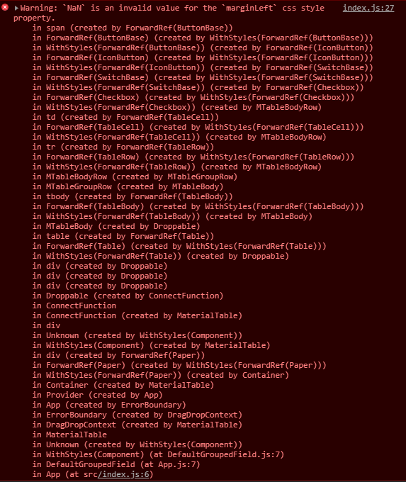 Selection in grouping gives "NaN is an invalid value for the `marginLeft` css style property ...