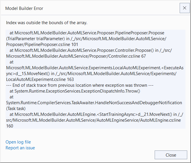 [Model Builder] Error training value prediction model. Index was outside the bounds of the array ...