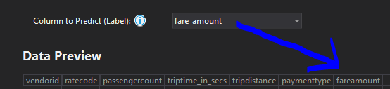 Display name of `Column to Predict (Label)` options inconsistent with `Data Preview` headers ...