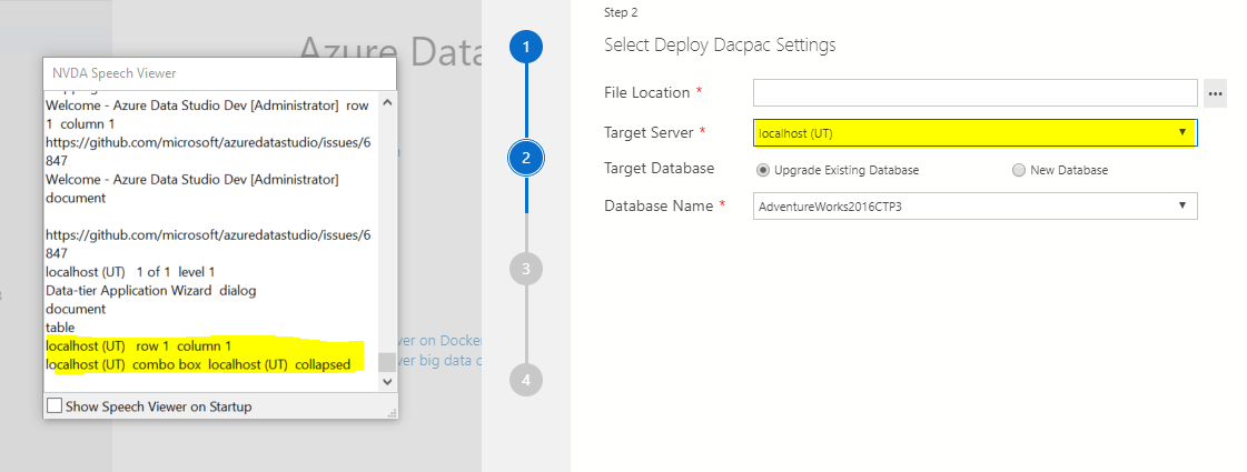 A11y_AzureDataStudio(Schema,Dacpac,Backup)_ExtractDacpac_ExtractDacpacSettings_Screenreader: The ...